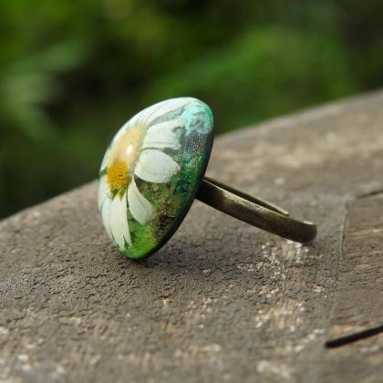 Adjustable Resin Statement Ring With Real Chamomile Flower on Luulla