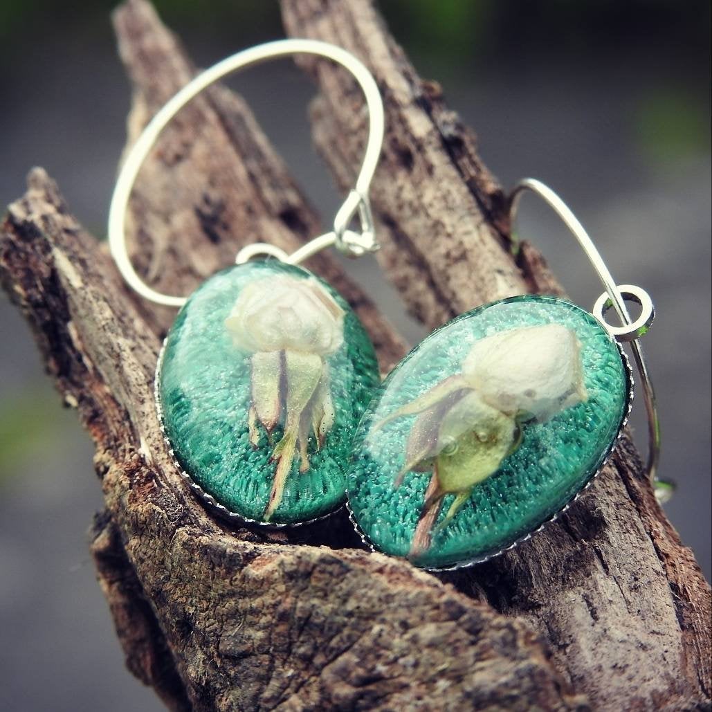 Green Petri Dish Resin Hoop Earrings With Real Rosebud Flower on Luulla