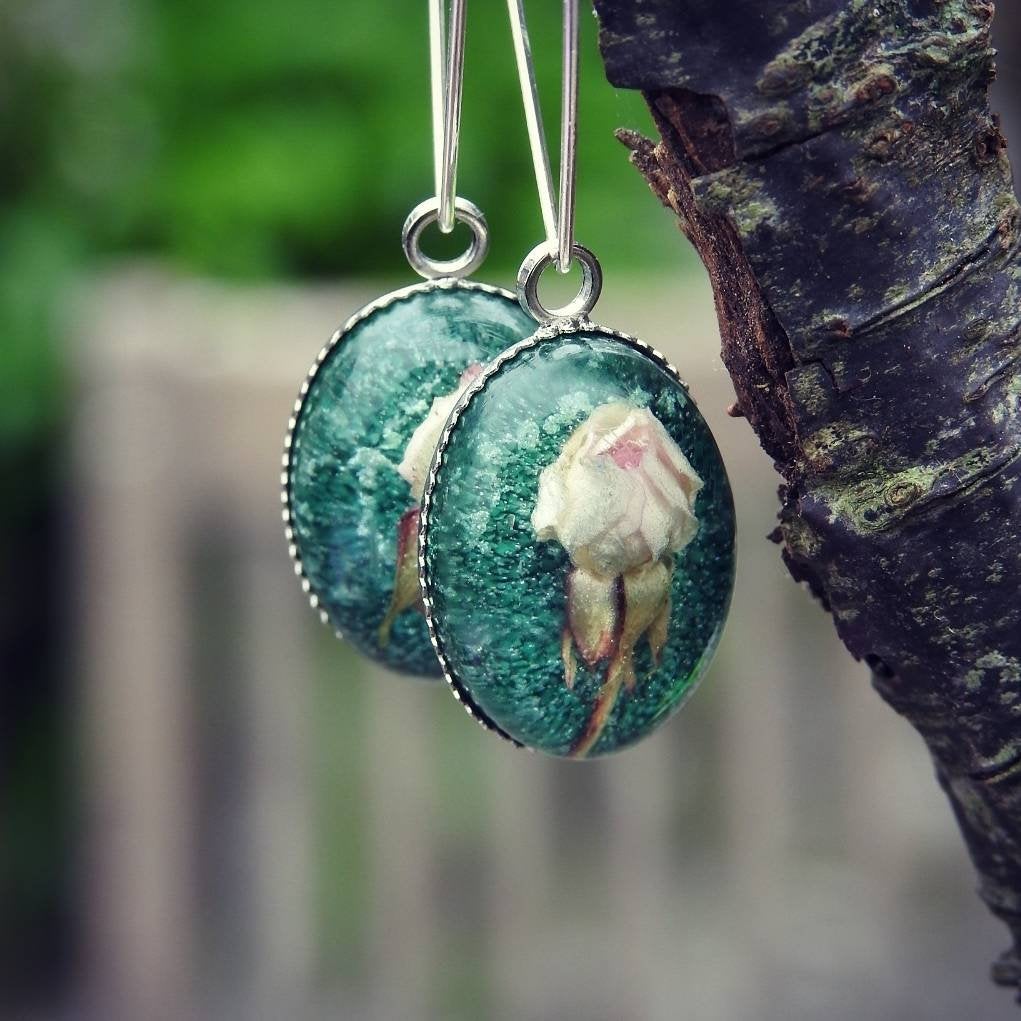 Green Petri Dish Resin Hoop Earrings With Real Rosebud Flower on Luulla