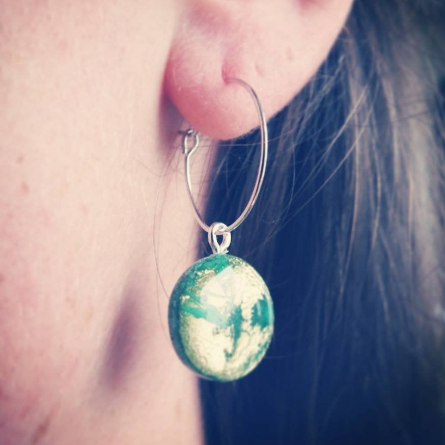 Green Petri Dish Resin Hoop Earrings With Real Rosebud Flower on Luulla