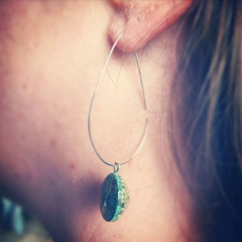 Green Petri Dish Resin Hoop Earrings With Real Rosebud Flower on Luulla