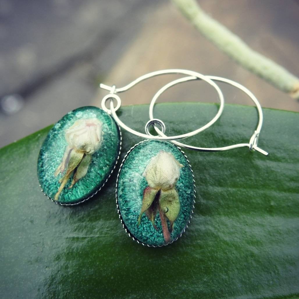Green Petri Dish Resin Hoop Earrings With Real Rosebud Flower on Luulla