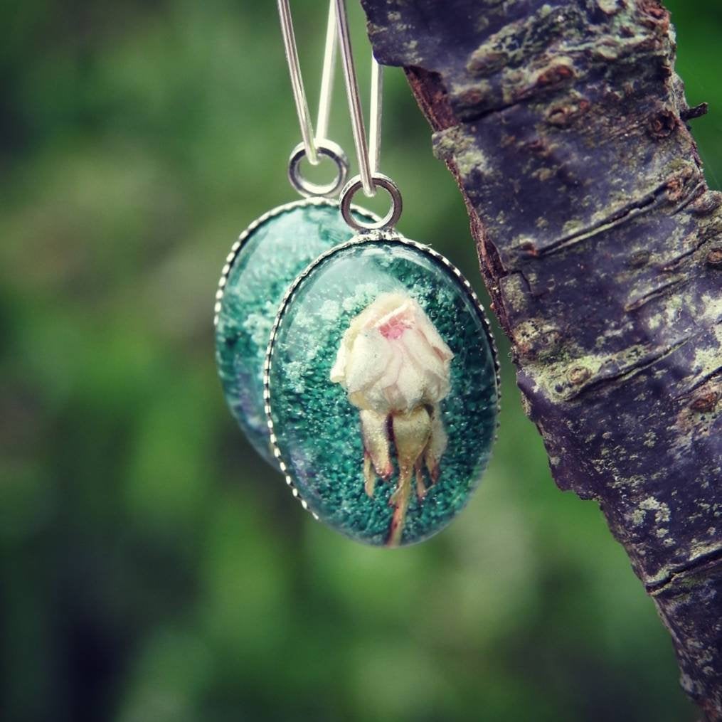 Green Petri Dish Resin Hoop Earrings With Real Rosebud Flower on Luulla
