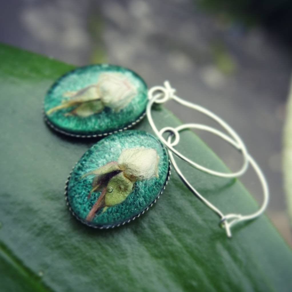 Green Petri Dish Resin Hoop Earrings With Real Rosebud Flower on Luulla