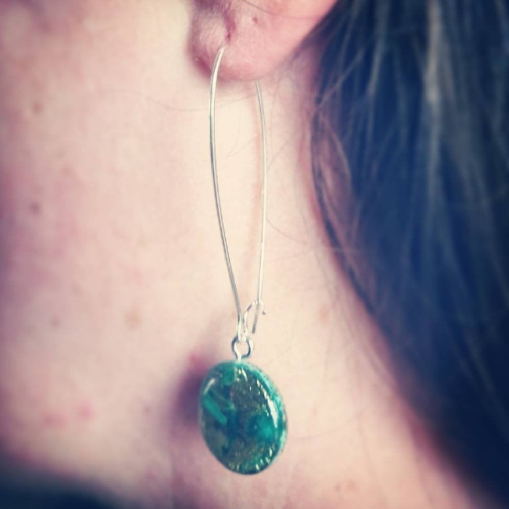 Green Petri Dish Resin Hoop Earrings With Real Rosebud Flower on Luulla